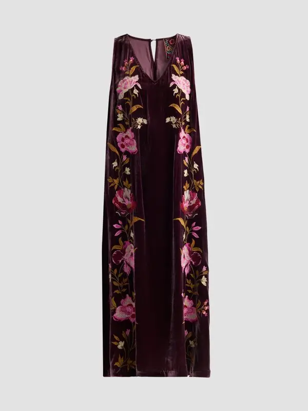 Johnny Was Floral Embroidered Velvet Shift Midi Dress