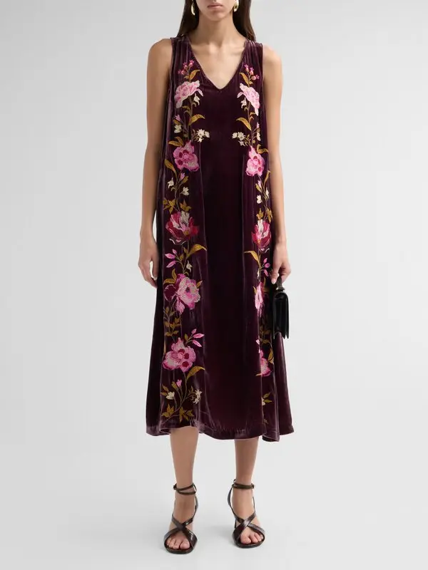 Johnny Was Floral Embroidered Velvet Shift Midi Dress