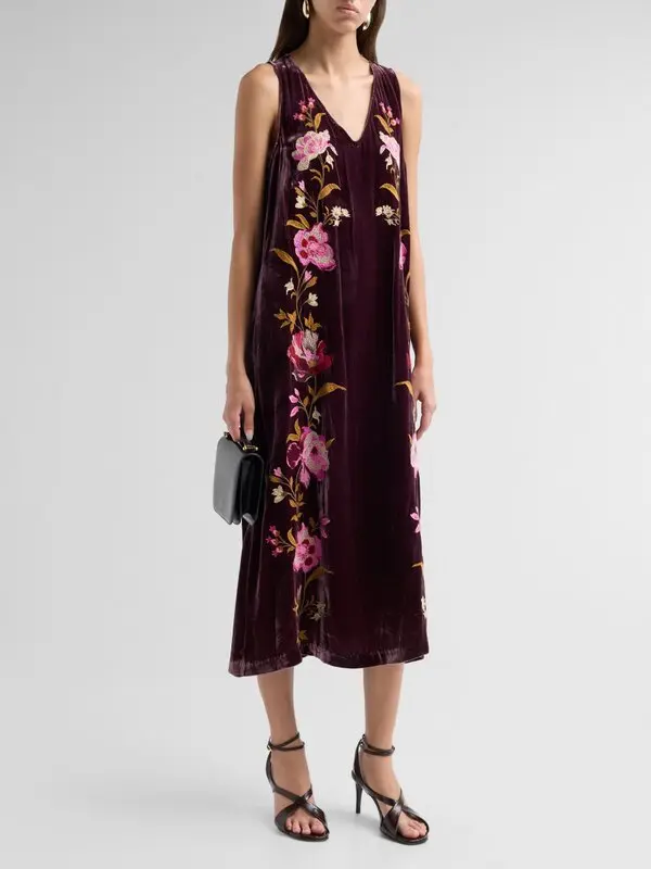 Johnny Was Floral Embroidered Velvet Shift Midi Dress