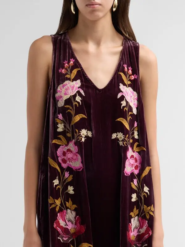 Johnny Was Floral Embroidered Velvet Shift Midi Dress