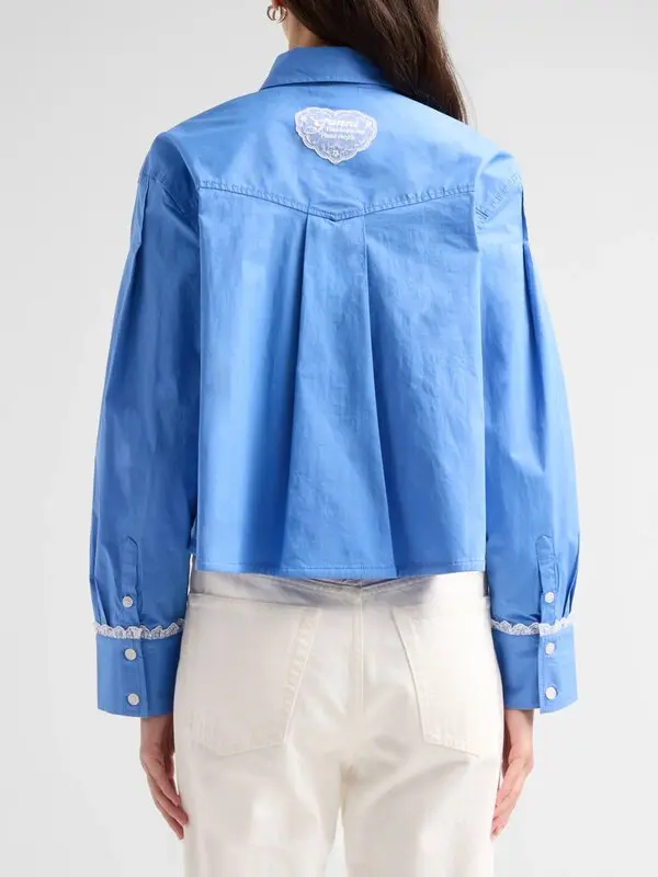 GANNI Stretch Cotton Cropped Bowling Shirt - Marina