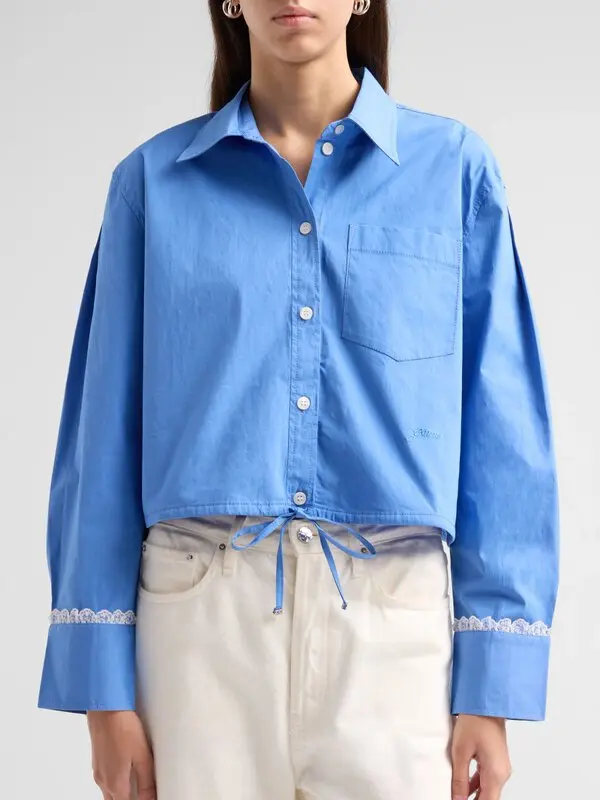 GANNI Stretch Cotton Cropped Bowling Shirt - Marina