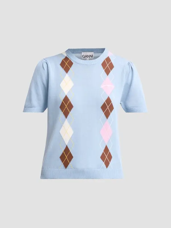 GANNI Argyle Cotton Knit Crewneck T-shirt