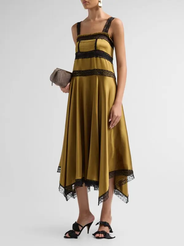 GANNI Contrast Lace-trim Satin Slipdress - Ecru Olive