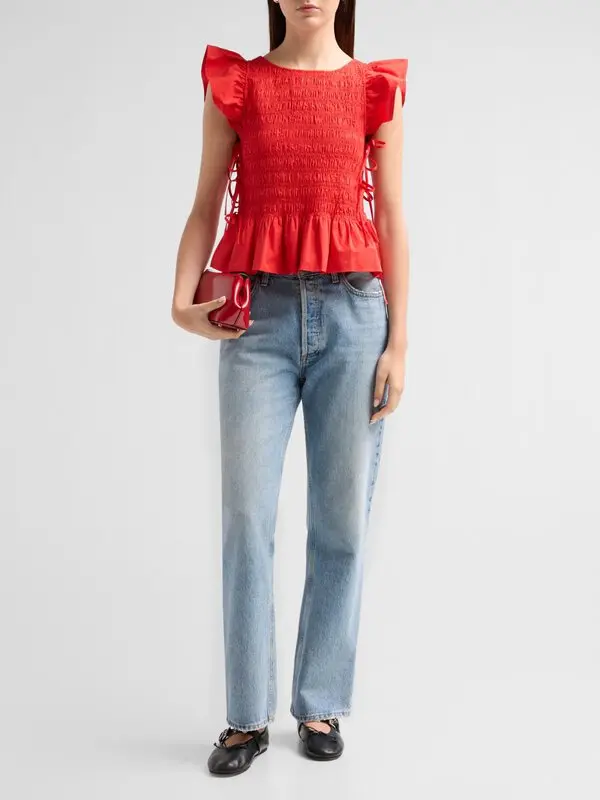GANNI Stretch-cotton Angel-sleeve Smocked Top - Goji Berry