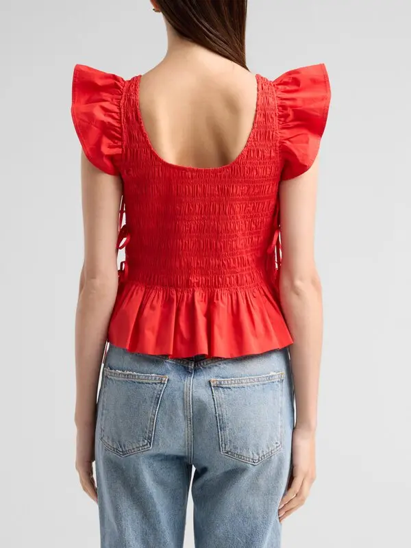 GANNI Stretch-cotton Angel-sleeve Smocked Top - Goji Berry