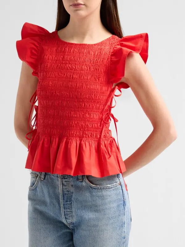 GANNI Stretch-cotton Angel-sleeve Smocked Top - Goji Berry