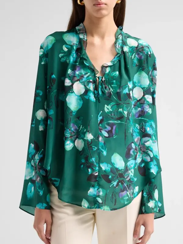 Johnny Was Forti Floral Silk Ruffle Blouse