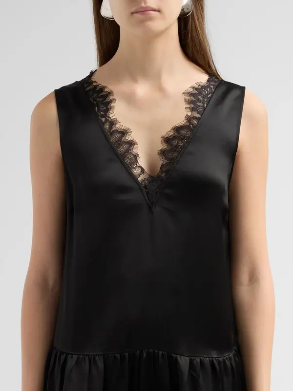 GANNI Fluid Satin V-neck Lace Mini Dress