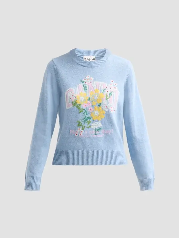 GANNI Floral Graphic Wool-blend Sweater - Blue Bonnet