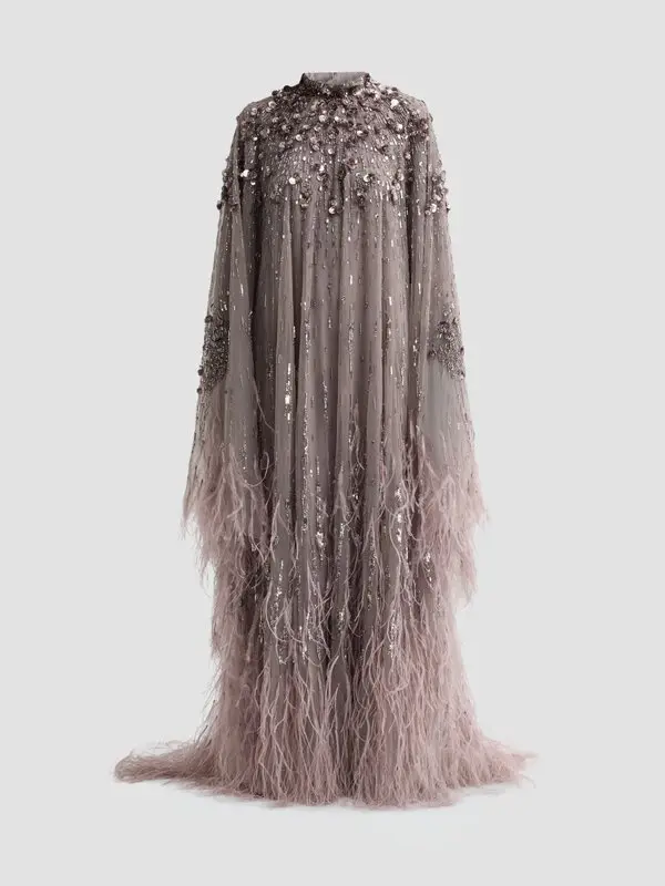Pamella Roland Embroidered Feathered Tulle Caftan Gown