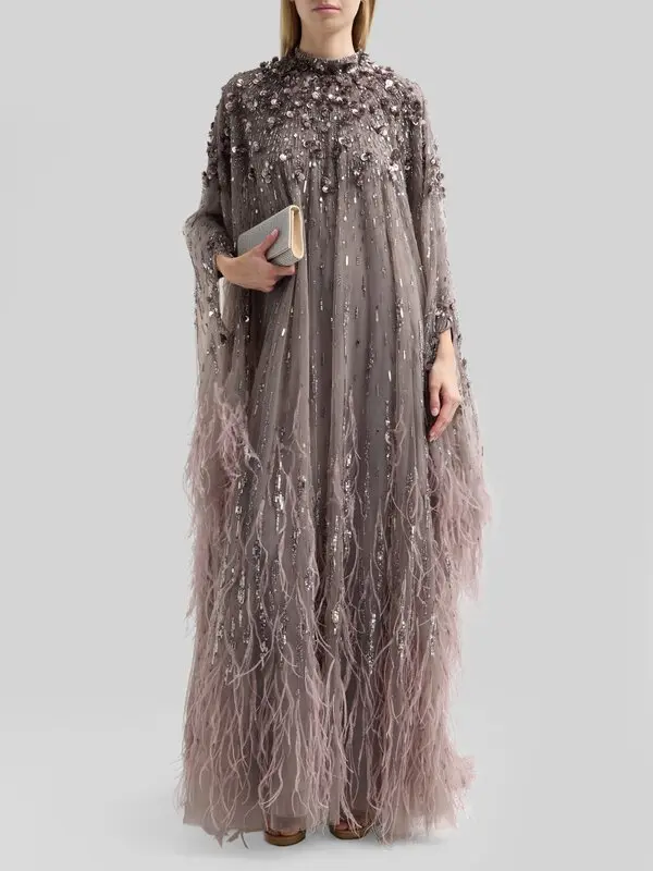 Pamella Roland Embroidered Feathered Tulle Caftan Gown