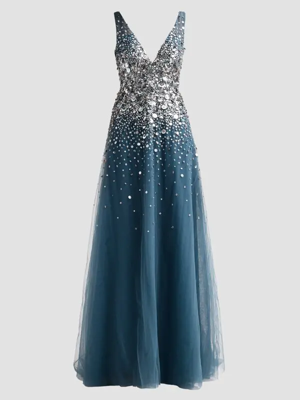 Pamella Roland Embellished Tulle V-neck Gown - Teal Multi