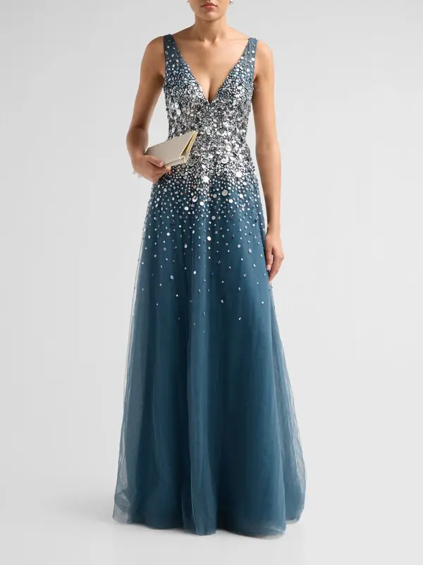Pamella Roland Embellished Tulle V-neck Gown