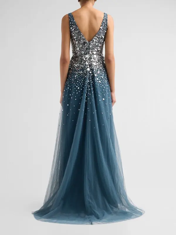 Pamella Roland Embellished Tulle V-neck Gown