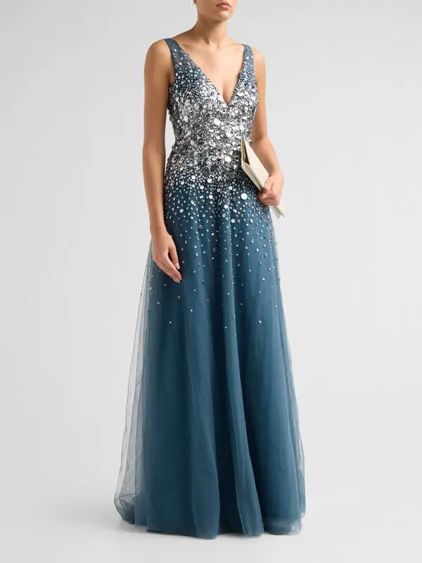 Pamella Roland Embellished Tulle V-neck Gown