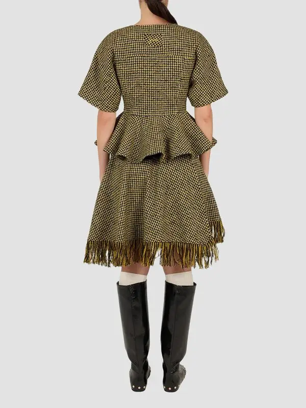 GANNI Fringed Houndstooth Asymmetric Mini Skirt