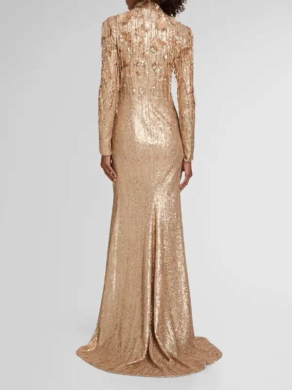 Pamella Roland Beaded Sequin Long-sleeve Trumpet Gown