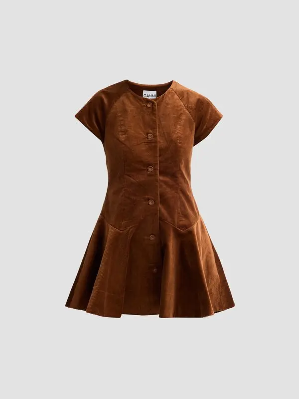 GANNI Corduroy Button-front Mini Dress - Tortoise Shell