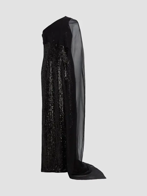 Pamella Roland Sequined Chiffon Cape-sleeve Column Gown