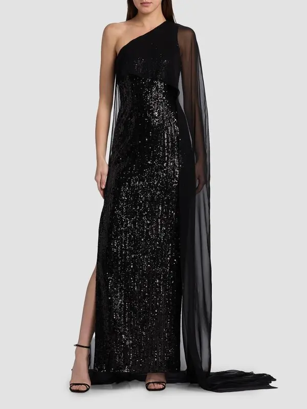 Pamella Roland Sequined Chiffon Cape-sleeve Column Gown