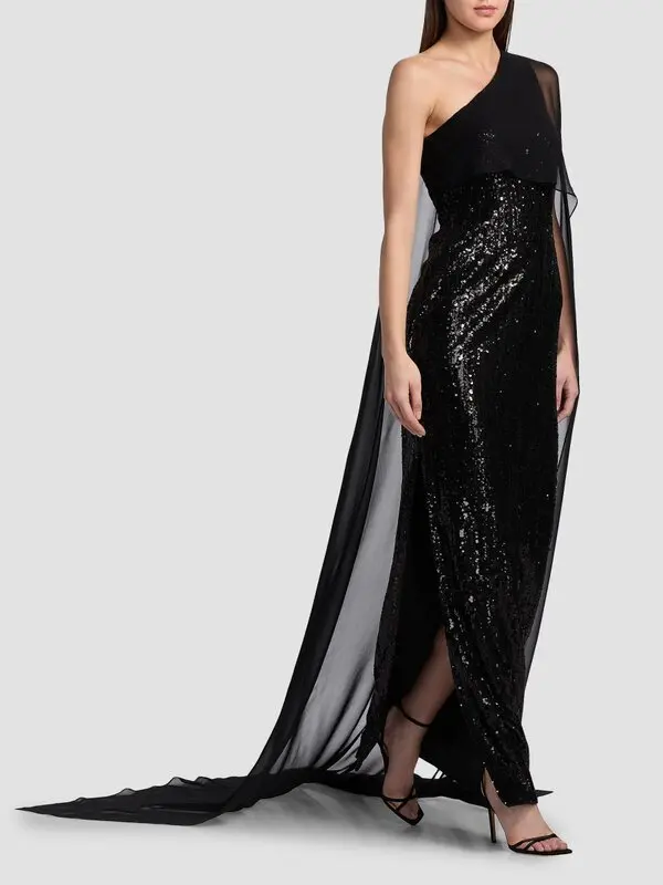Pamella Roland Sequined Chiffon Cape-sleeve Column Gown