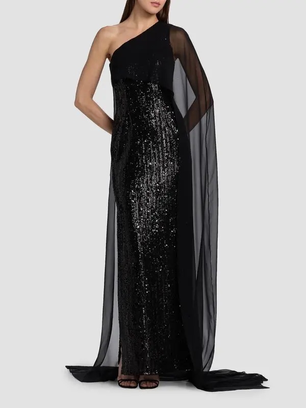 Pamella Roland Sequined Chiffon Cape-sleeve Column Gown