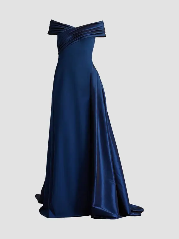 Tadashi Shoji Elysian Draped Overlay Train Gown - Navy