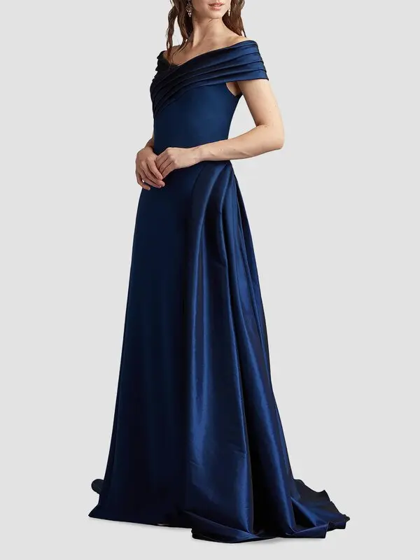 Tadashi Shoji Elysian Draped Overlay Train Gown - Navy
