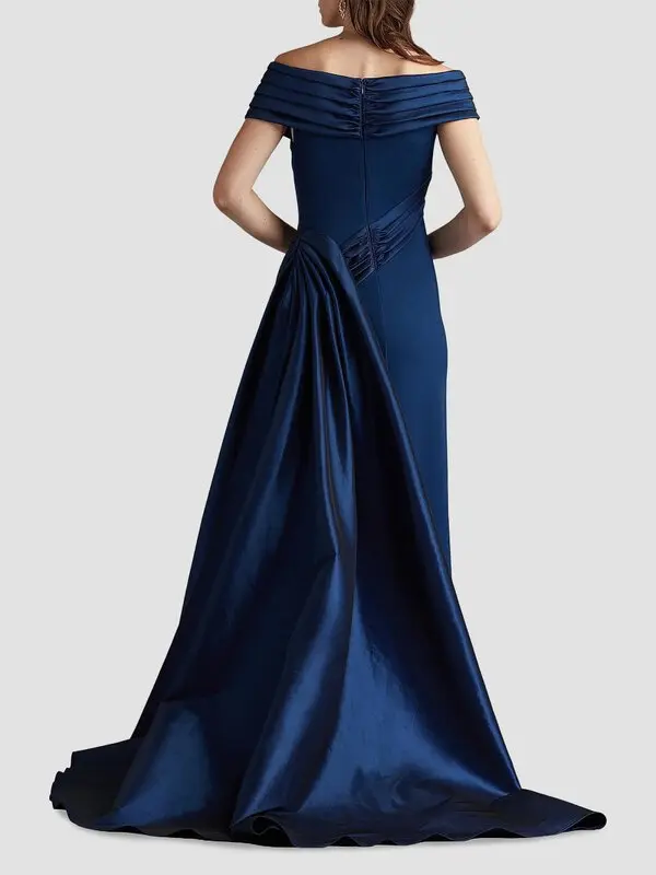Tadashi Shoji Elysian Draped Overlay Train Gown - Navy