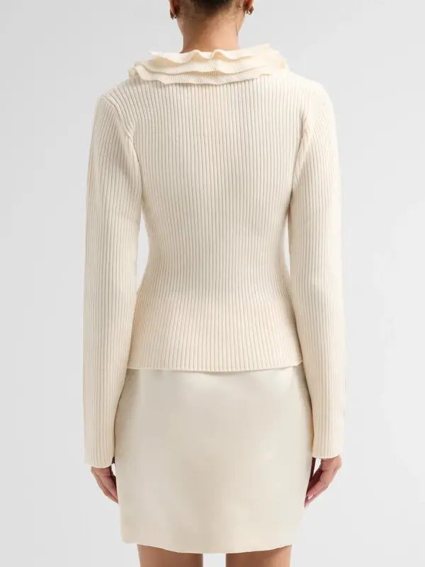 GANNI Rib-knit Merino Wool Frill Long-sleeve Top