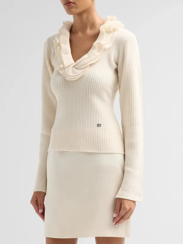 GANNI Rib-knit Merino Wool Frill Long-sleeve Top