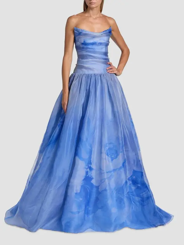 Pamella Roland Floral Silk Organza Strapless Gown
