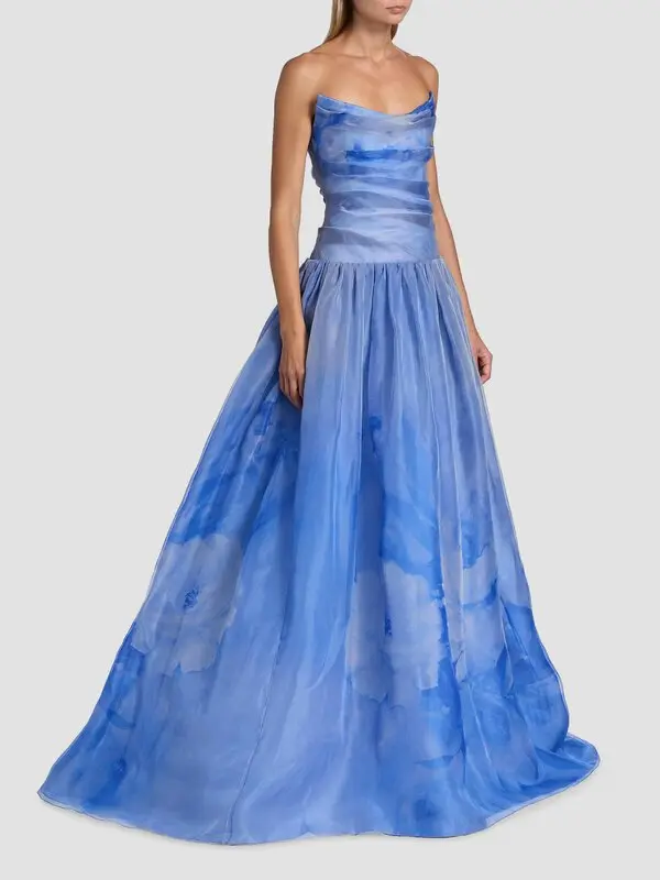 Pamella Roland Floral Silk Organza Strapless Gown