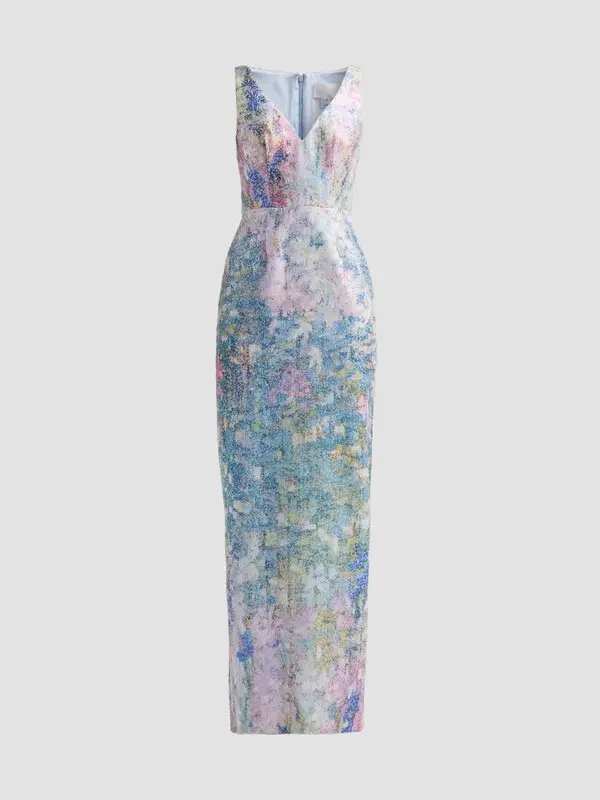 Pamella Roland Abstract Embellished Tulle V-neck Gown - Blue Multi