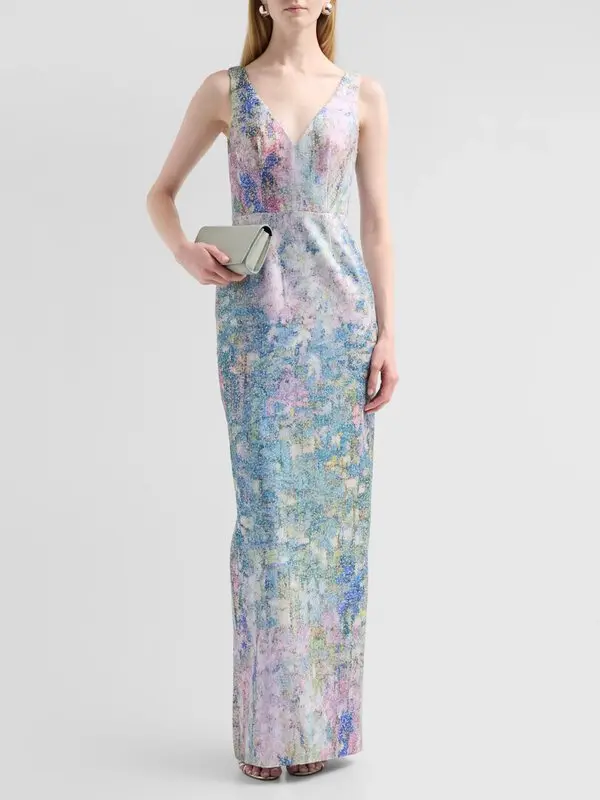 Pamella Roland Abstract Embellished Tulle V-neck Gown