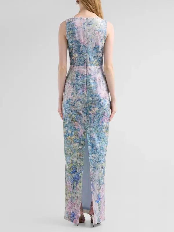 Pamella Roland Abstract Embellished Tulle V-neck Gown