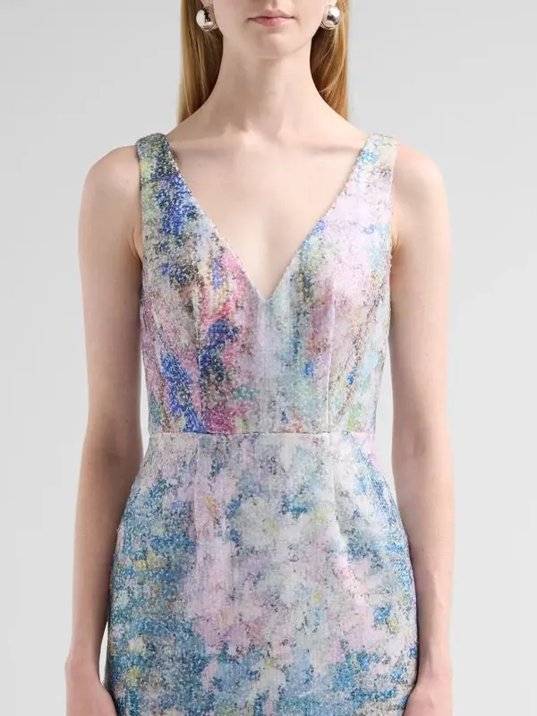 Pamella Roland Abstract Embellished Tulle V-neck Gown