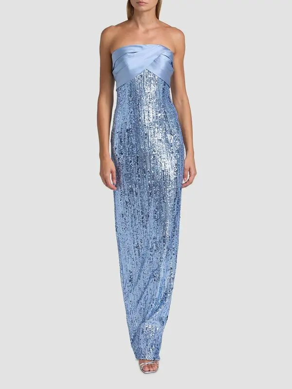 Pamella Roland Sequined Satin Mix Media Gown
