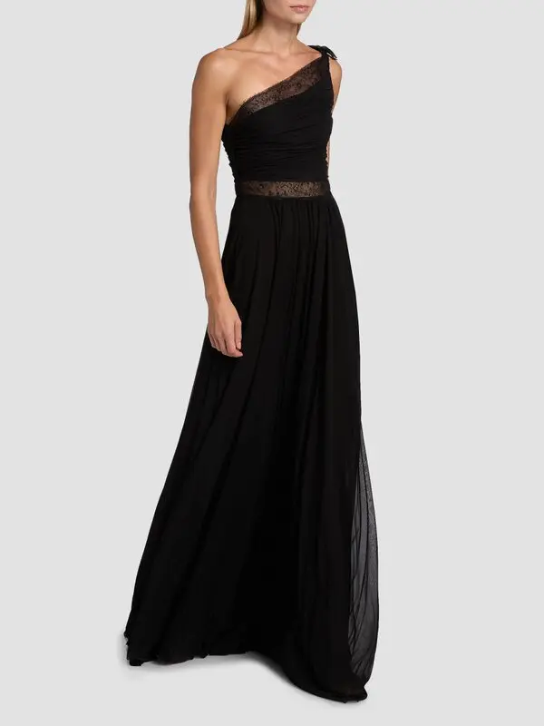 Giambattista Valli One-shoulder Lace-trim Ruched Jersey Gown