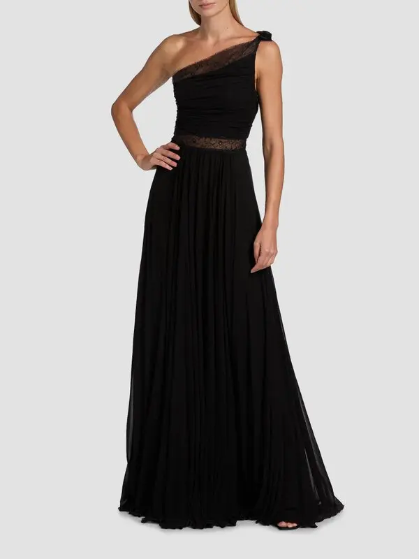 Giambattista Valli One-shoulder Lace-trim Ruched Jersey Gown