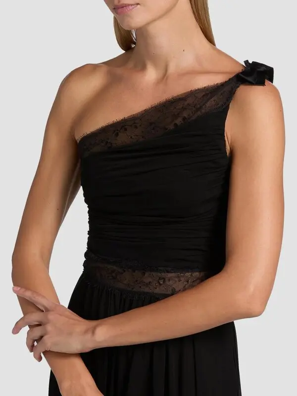 Giambattista Valli One-shoulder Lace-trim Ruched Jersey Gown