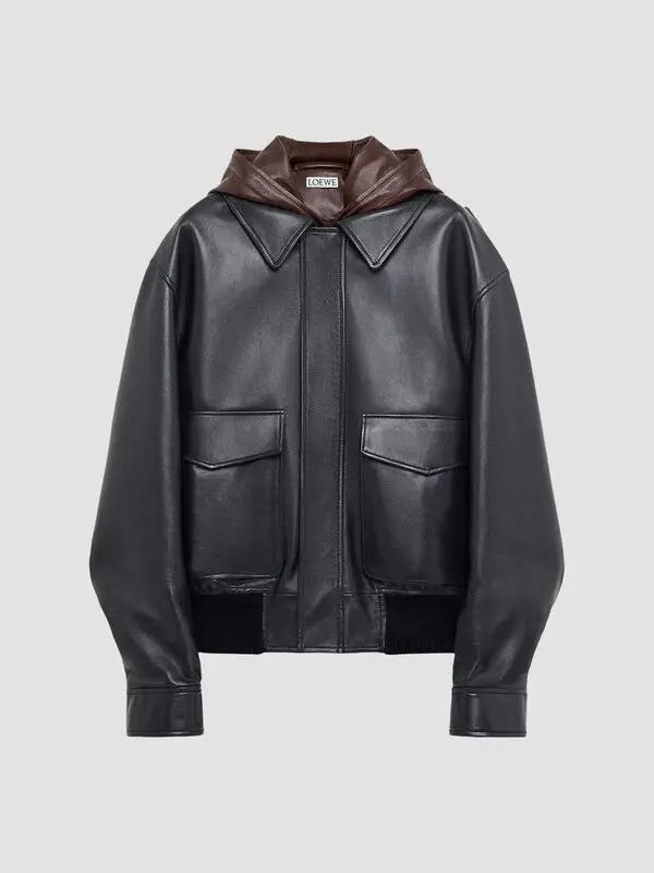 Loewe Leather Hooded Jacket - Black