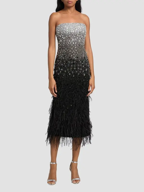 Pamella Roland Ombré Feathered Embellished Cocktail Dress