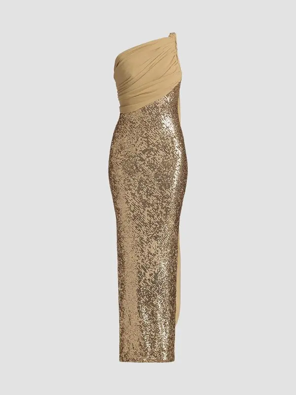 Pamella Roland Sequined Chiffon One-shoulder Gown - Gold