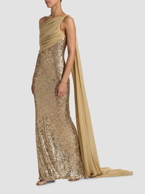 Pamella Roland Sequined Chiffon One-shoulder Gown