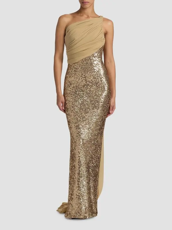Pamella Roland Sequined Chiffon One-shoulder Gown