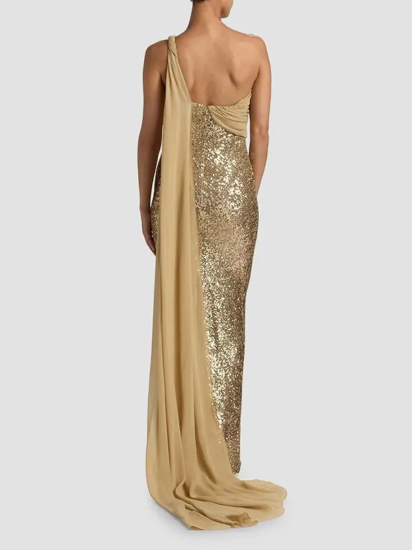 Pamella Roland Sequined Chiffon One-shoulder Gown