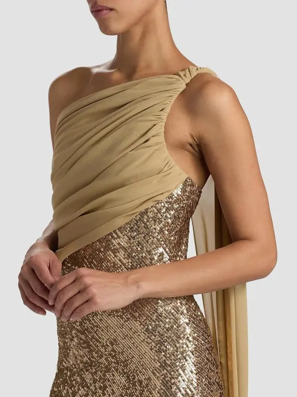 Pamella Roland Sequined Chiffon One-shoulder Gown