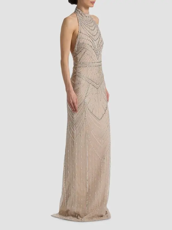 Pamella Roland Embellished Tulle Halter Column Gown